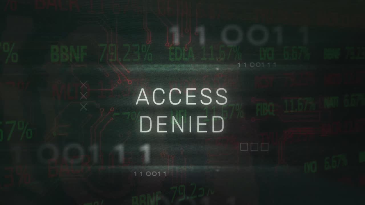 Premium stock video - Animation of access denied text, x symbol, binary codes, circuit board ...