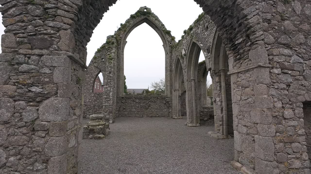 Historic restored ruins interior medieval church large window at ...