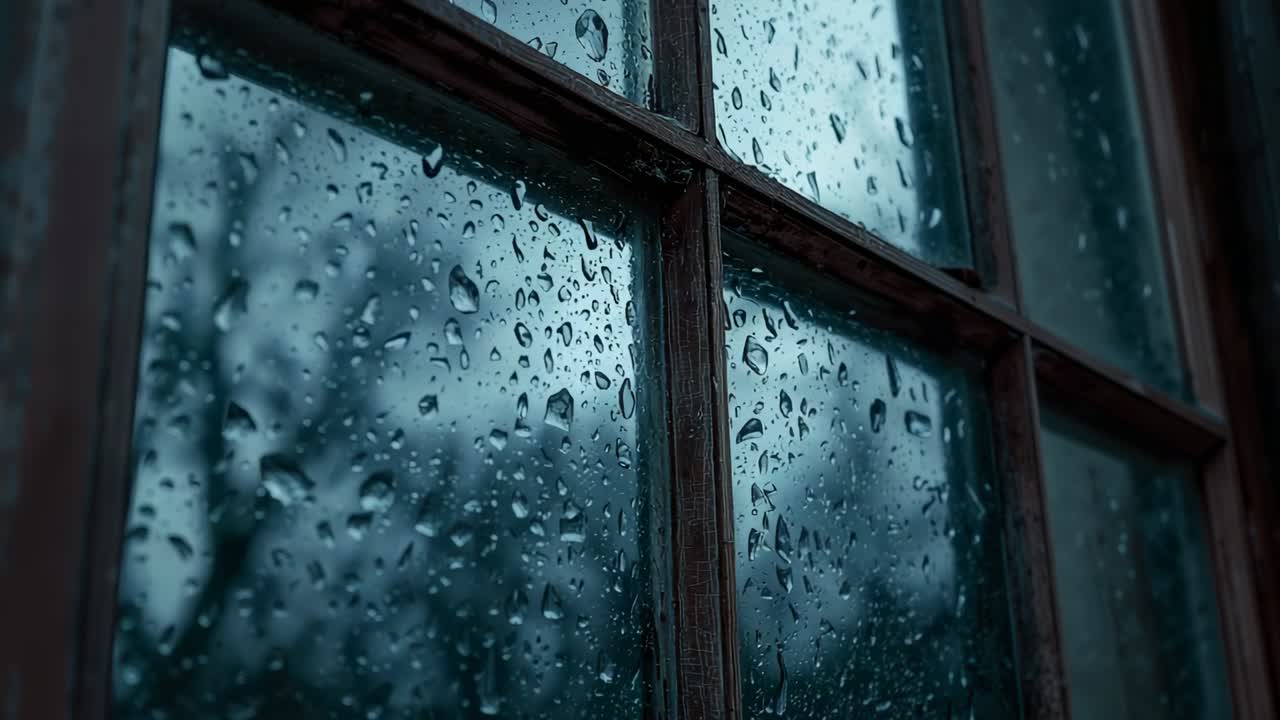Showing rainfall dripping on wooden window frame in dark interior ...