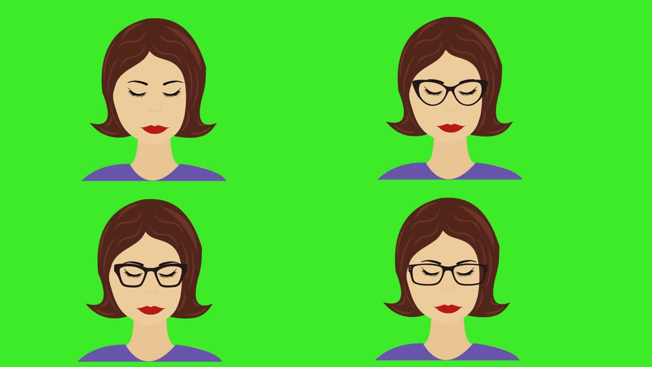 Cartoon women face avatar animation, moving and blinking eyes, on green ...