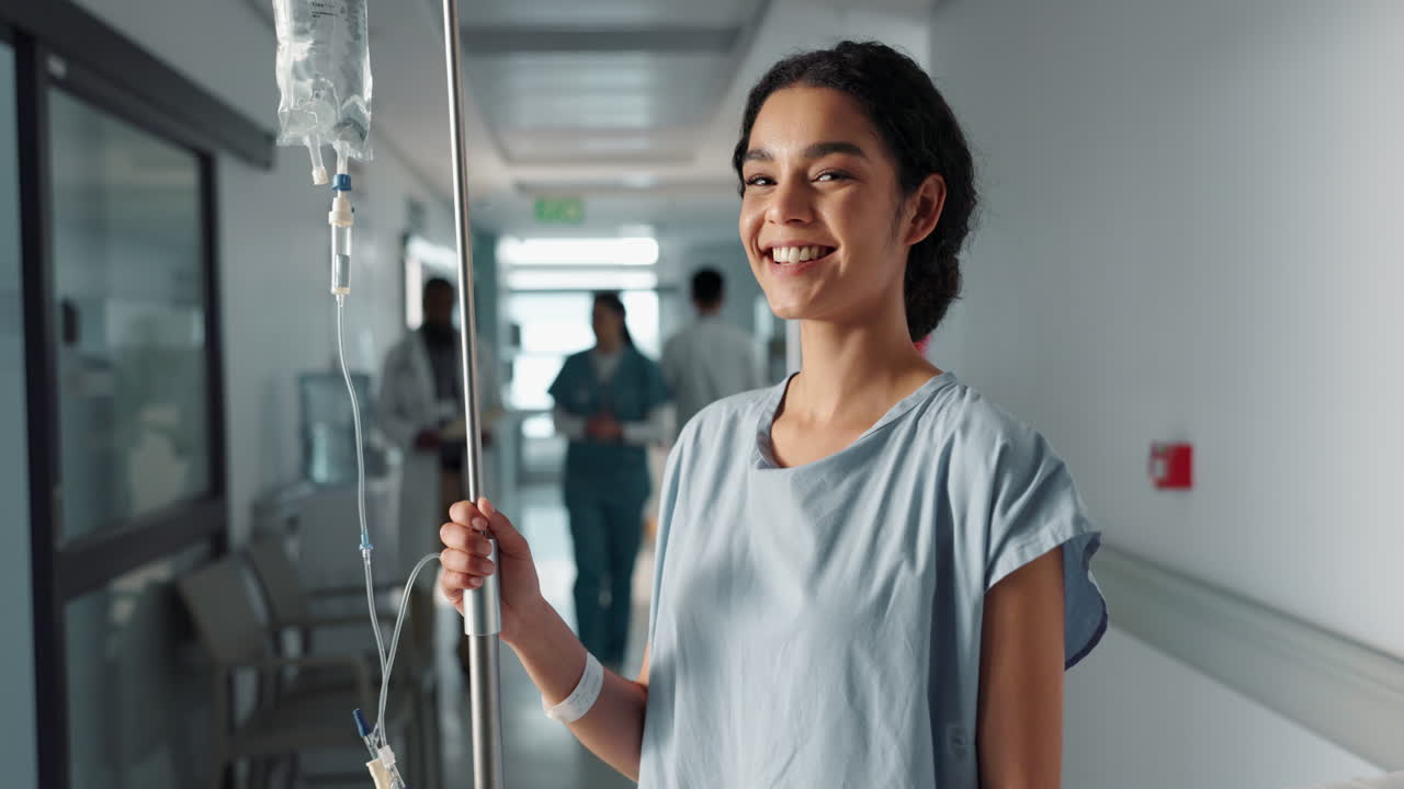 Premium stock video - Iv drip, patient and portrait of happy woman
