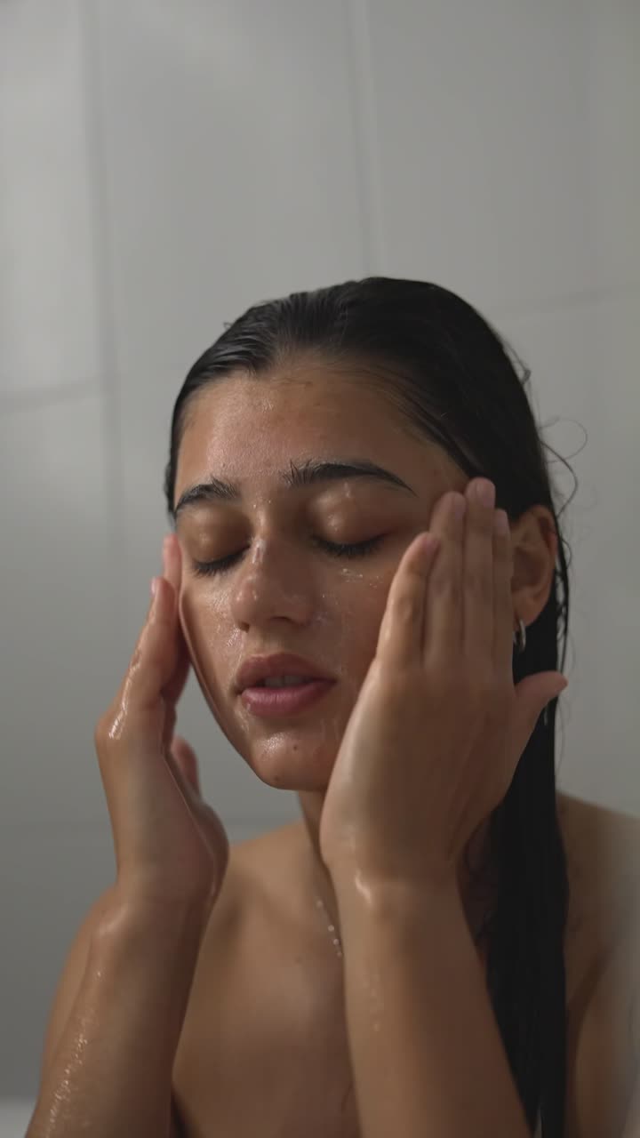 Woman washing face in the shower | Premium Stock Video Footage
