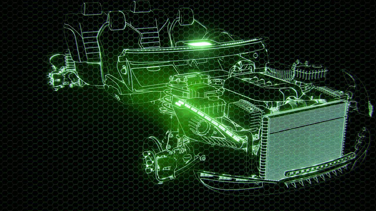 프리미엄 스톡 영상 엔진이 있는 3d 와이어프레임 자동차 모델의 홀로그래픽 애니메이션