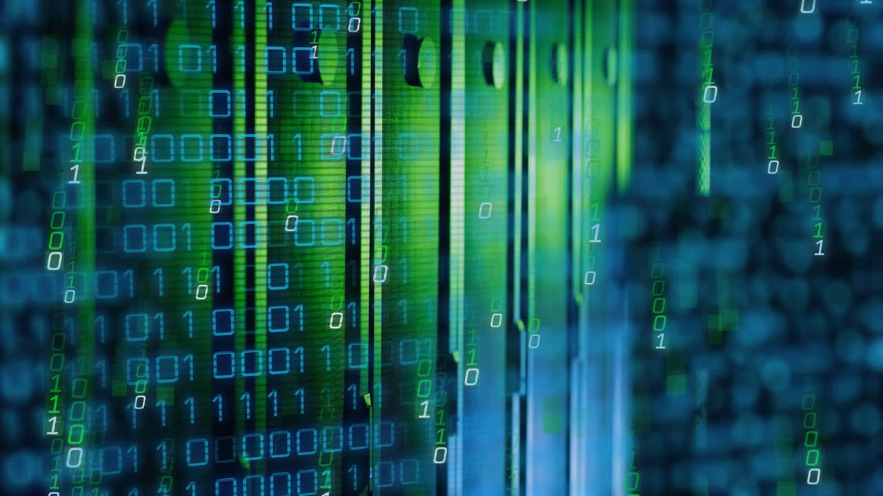 animation of falling binary codes over data server racks in server room ...
