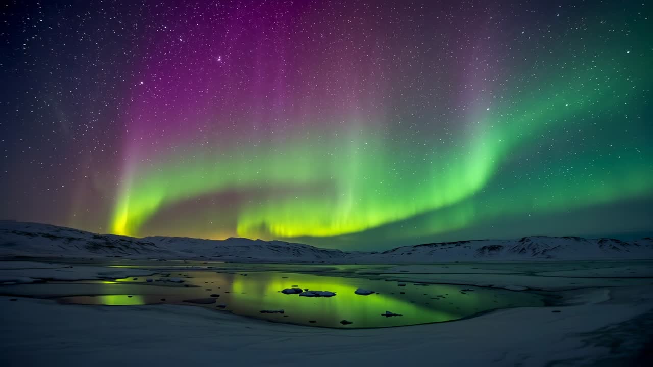 Dancing aurora borealis forming vivid pillars over polar lake at night ...