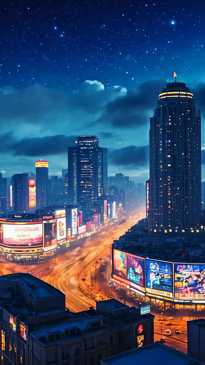 Vertical video: Starting night aerial shot showing lights over city ...