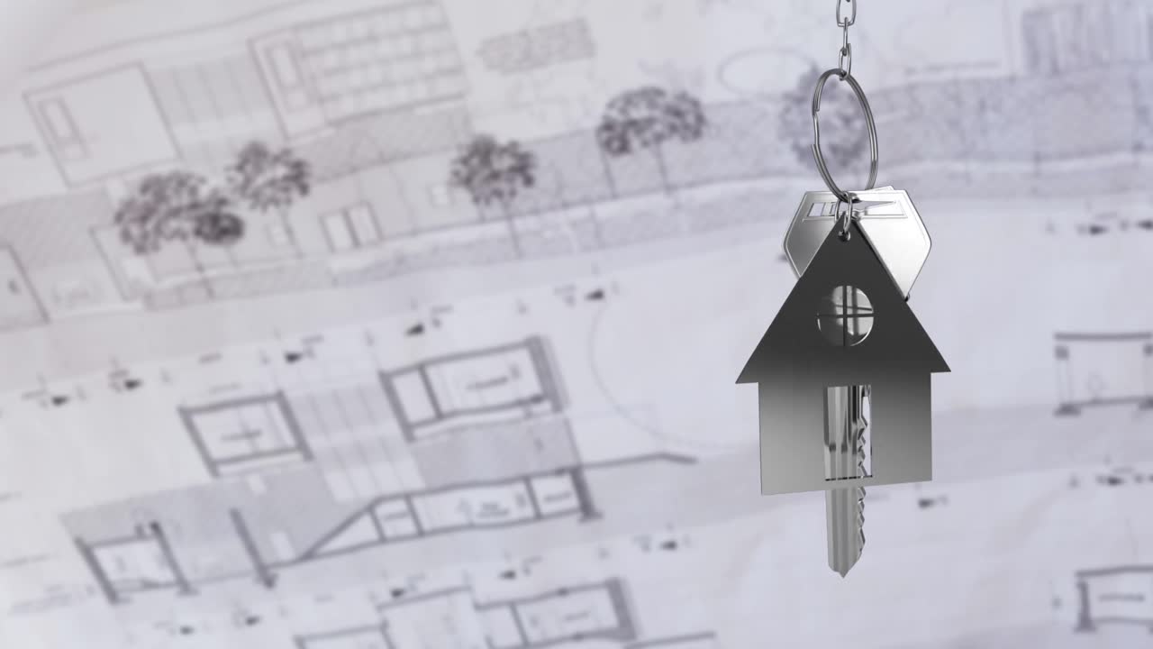 Premium stock video - House keys and key fob hanging over architectural ...