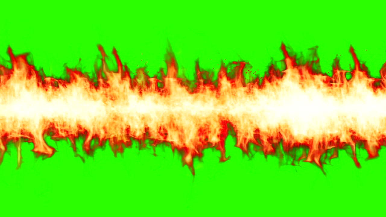 Horizontal line of real flame fire with smoke in chroma key green ...