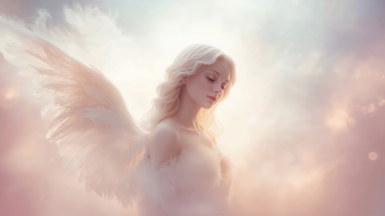 Floating angelic woman tilting head amid clouds backlight warming and ...