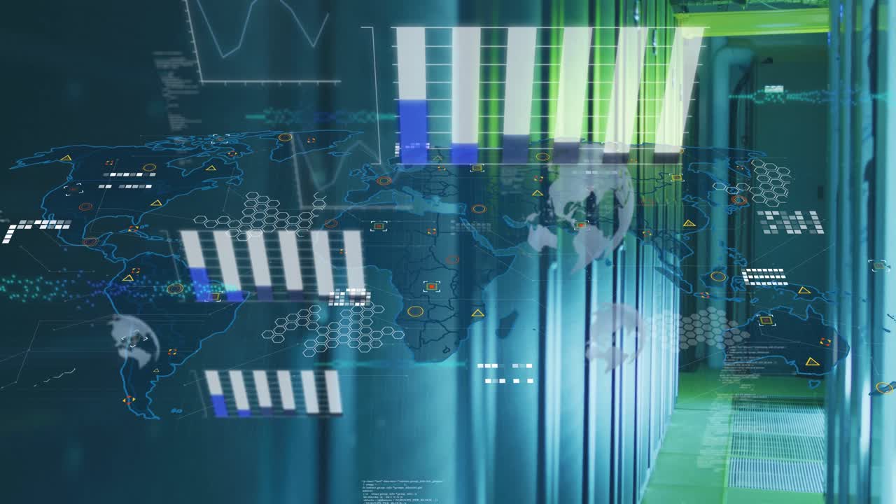 Animation Of Statistical Data Processing Over World Map Against Computer Server Room Premium