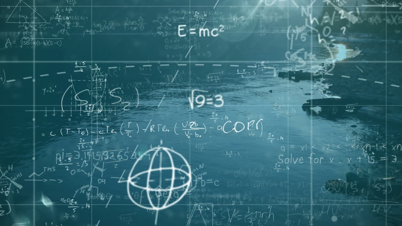 Premium stock video - Mathematical equations and formulas animation over ocean waves
