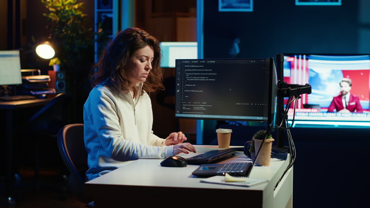 Programmer closing backpack, leaving home office, finishing job shift ...