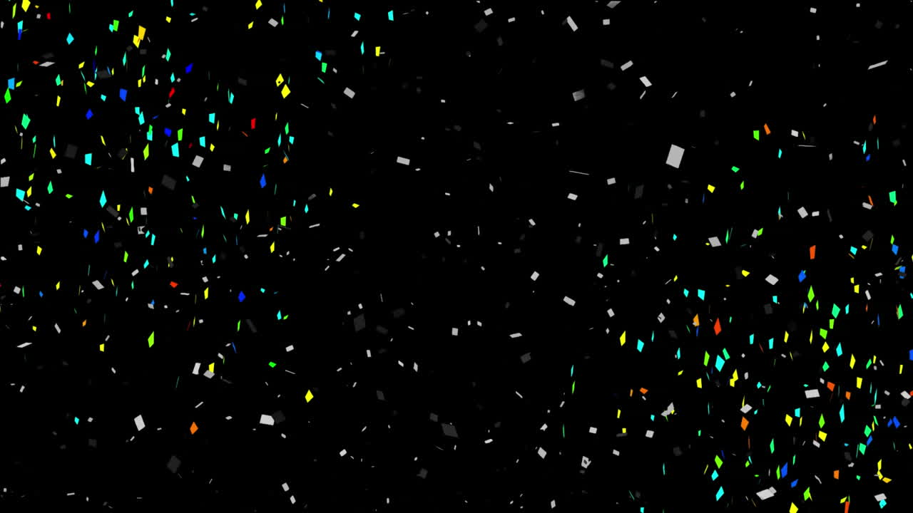 Animation of multi coloured confetti falling over black background ...