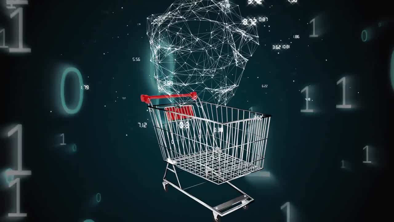Animation of shopping trolley with globe of network of connections and binary coding Premium ...