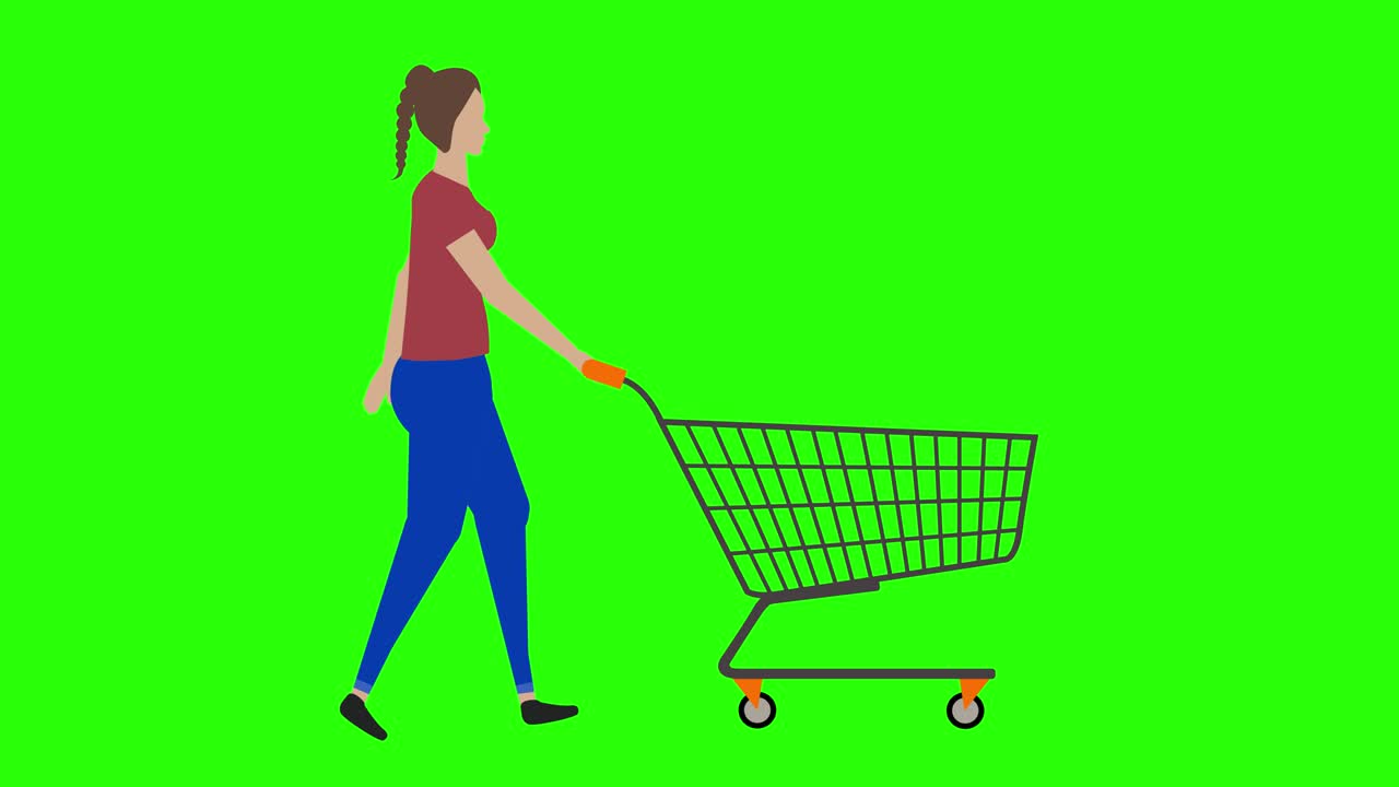 Women walking cycle seamless loop ,pulling the shopping cart, green ...