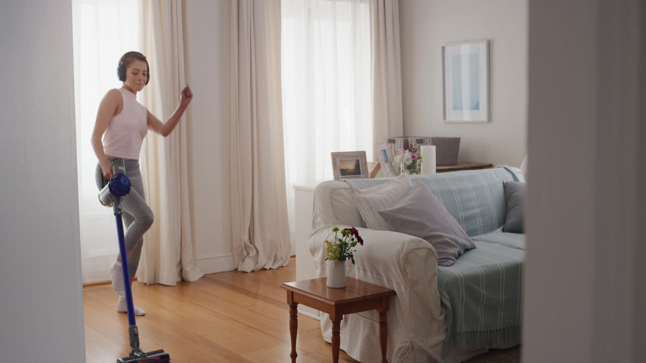 Funny Teenager Girl Dancing With Vacuum Cleaner Doing Chores Cleaning ...