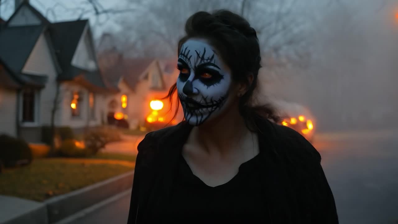 Premium stock video - Woman in a scary skeleton costume for halloween
