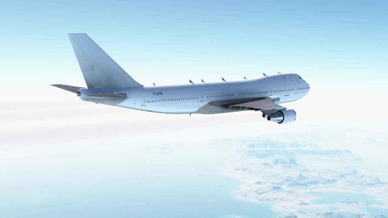 Realistic cgi animation of large generic white boeing 747 passenger jet ...