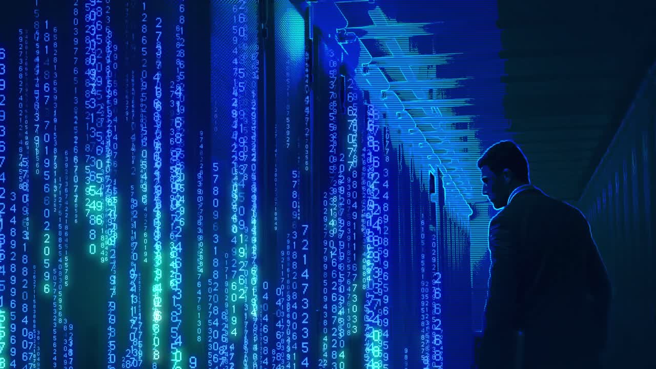 Animation of binary coding over caucasian businessman in server room ...