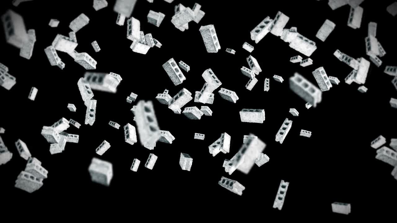 flying many concrete bricks on black background. miniature model cement ...