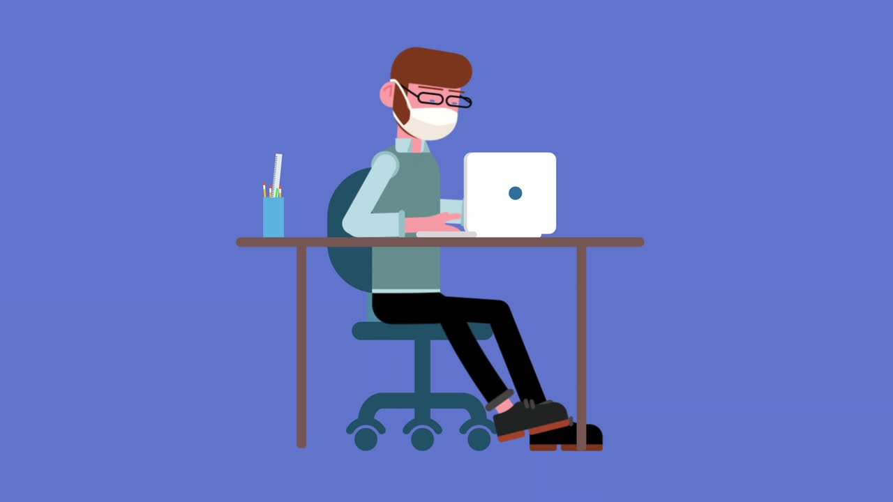 A quarantined worker sits at a computer and types on the keyboard ...