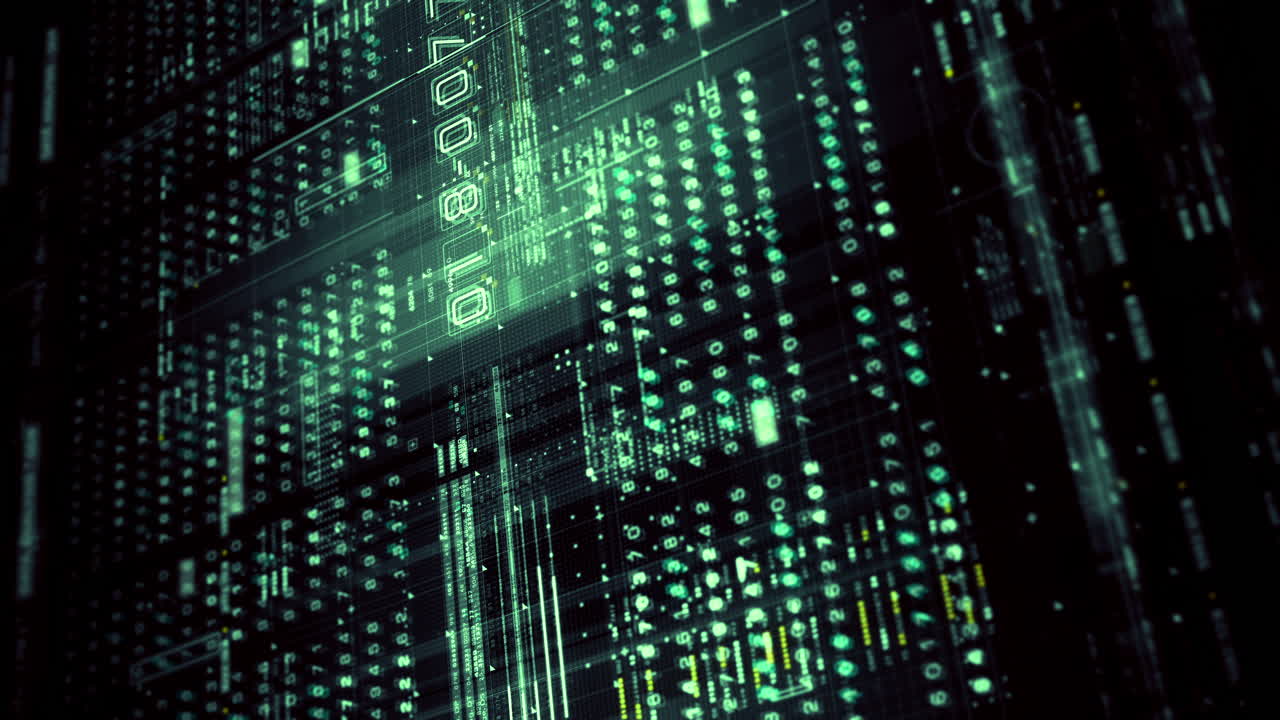 Premium stock video - Vertical format: advanced data matrix simulation with a dynamic and ...