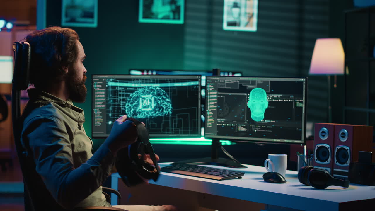 Premium stock video - Programmer at home talking with conscious ai ...