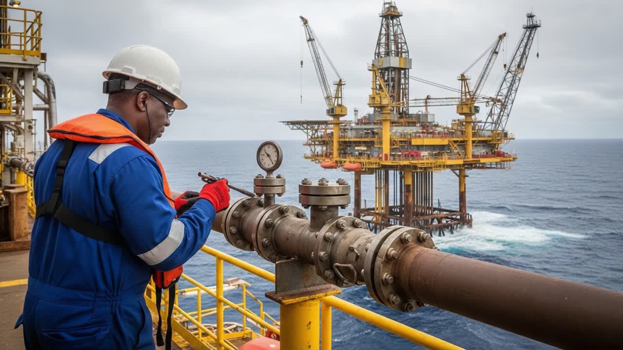An Engineer Conducts Maintenance on an Offshore Oil Rig, Monitoring ...