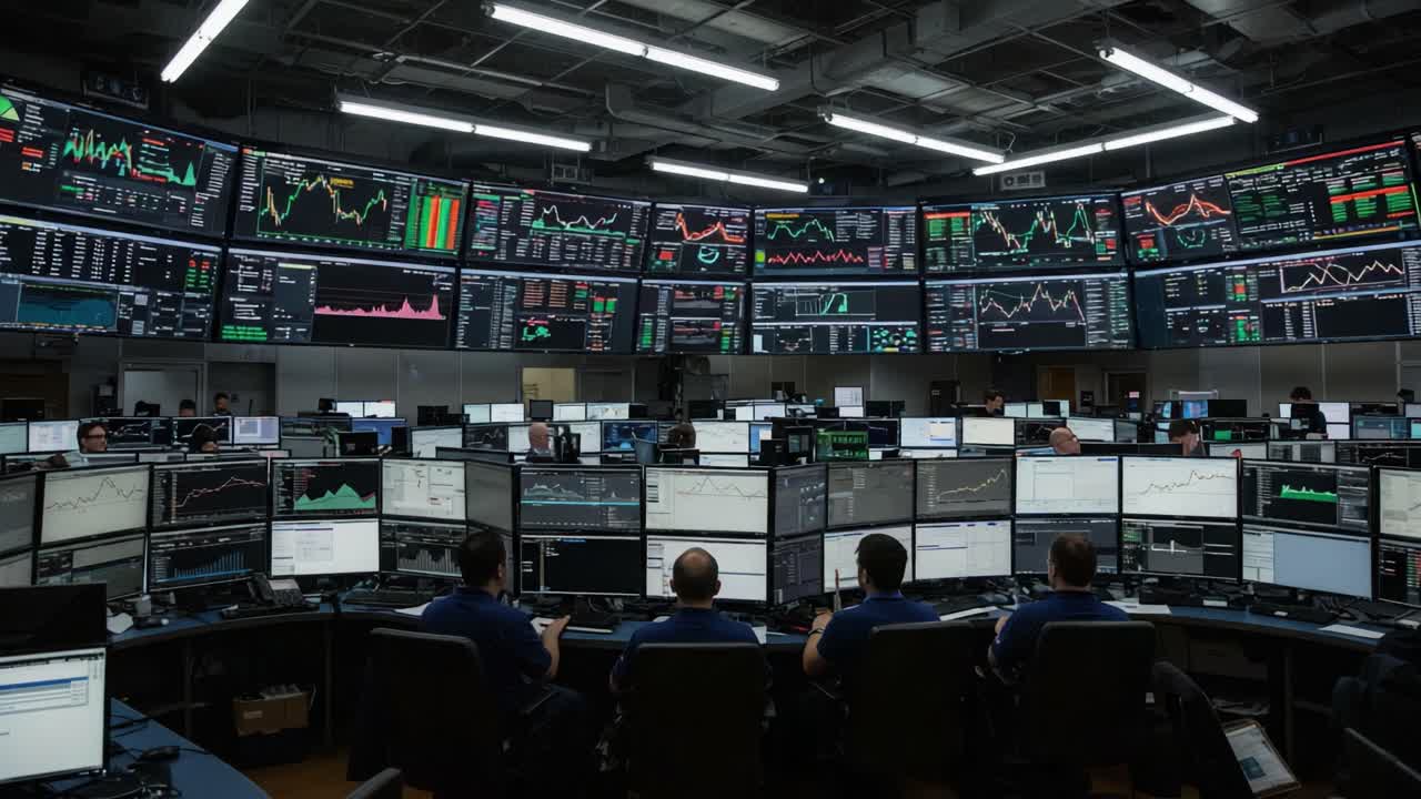 A High-Tech Trading Floor with Multiple Monitors Displaying Stock ...