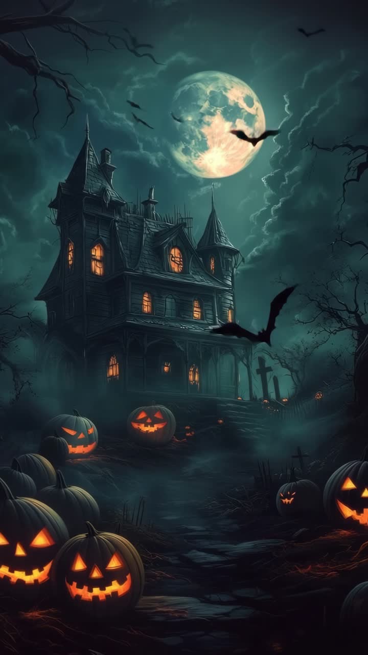 Eerie, low-angle view of a haunted house under a full moon, with ...