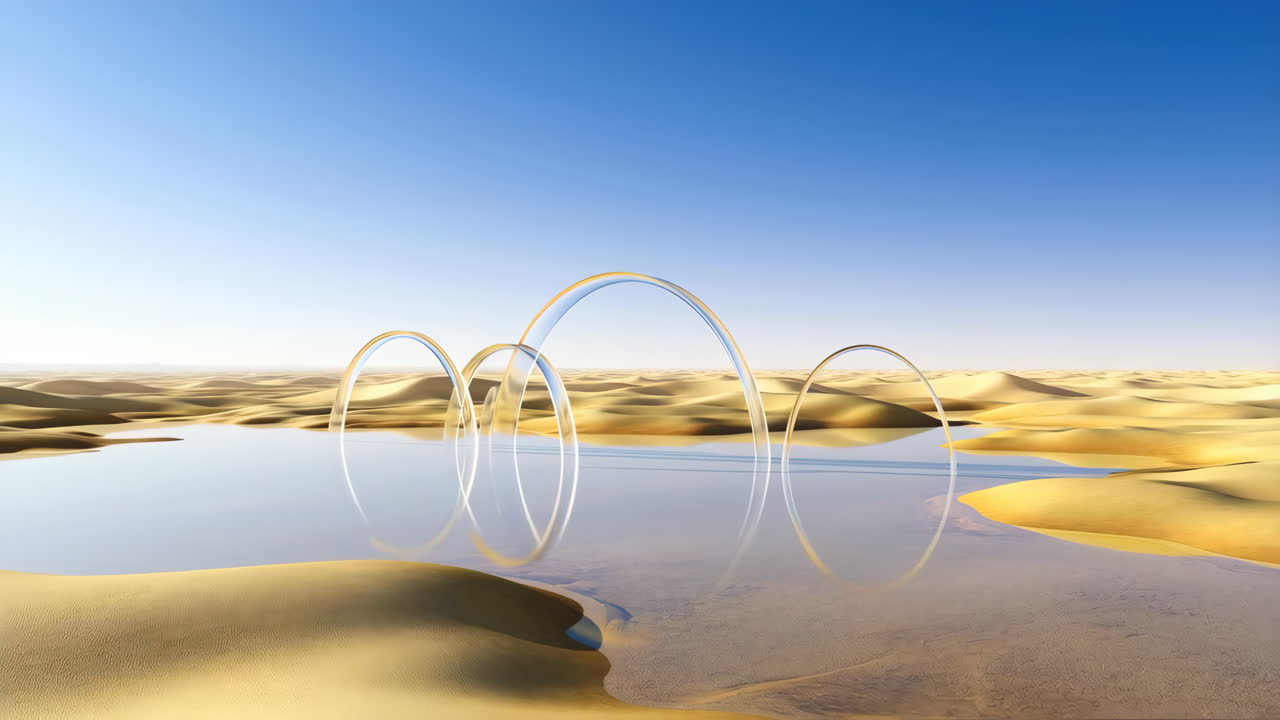 Surreal Desert Oasis with Transparent Arches | Premium Stock Video Footage