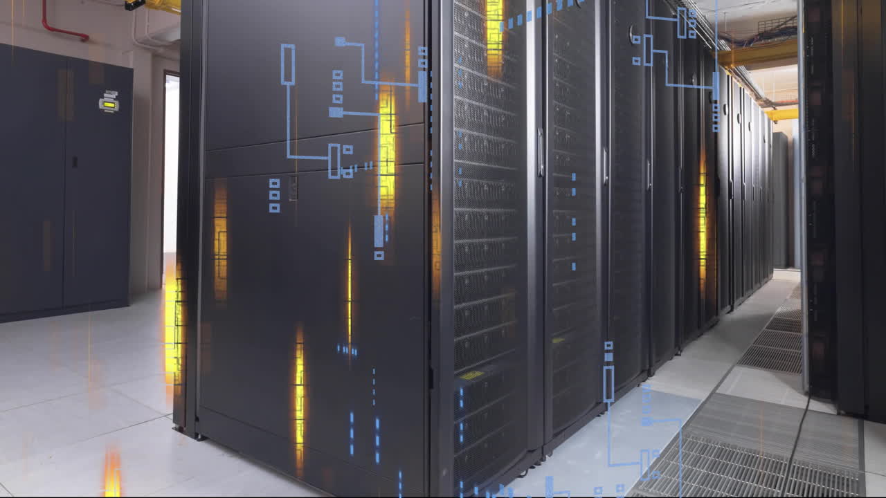 Premium Stock Video Animation Of Digital Data Processing And Circuit Board Over Computer Servers