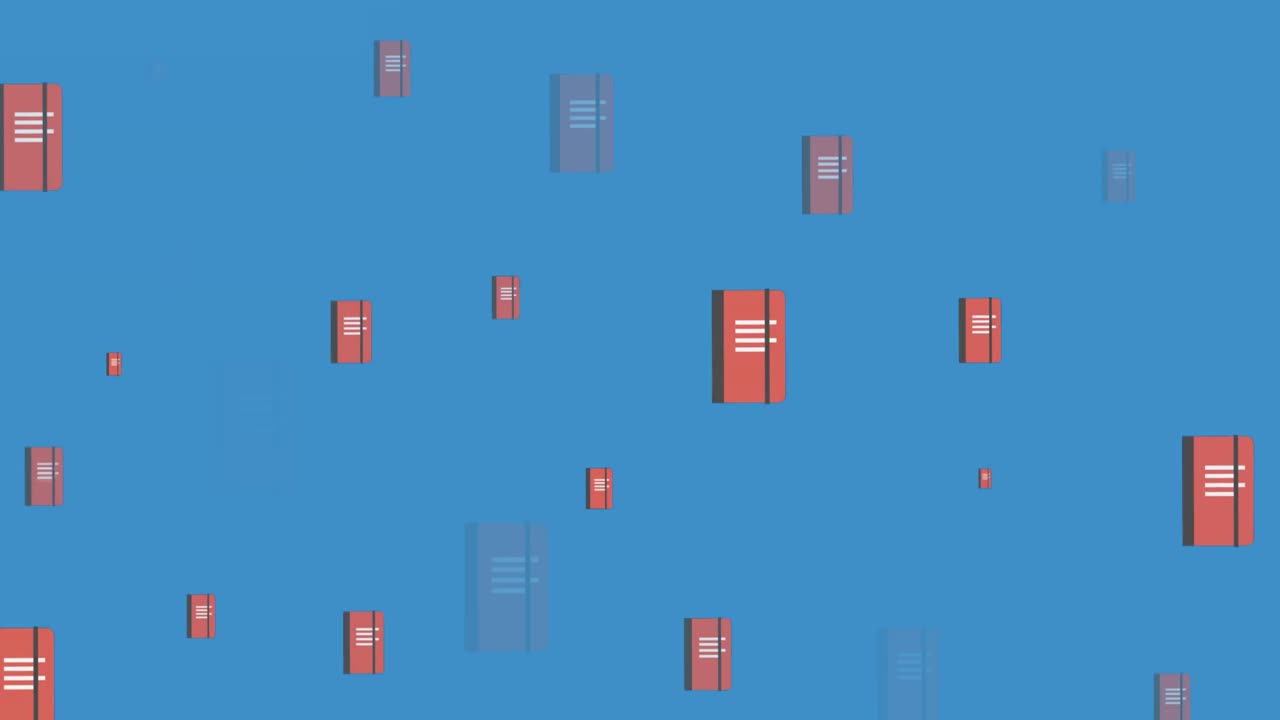 Animation of multiple diary icons against blue background with copy ...