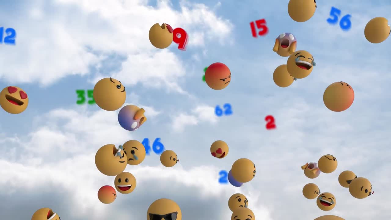 Premium stock video - Animation of floating emojis and numbers over clouds
