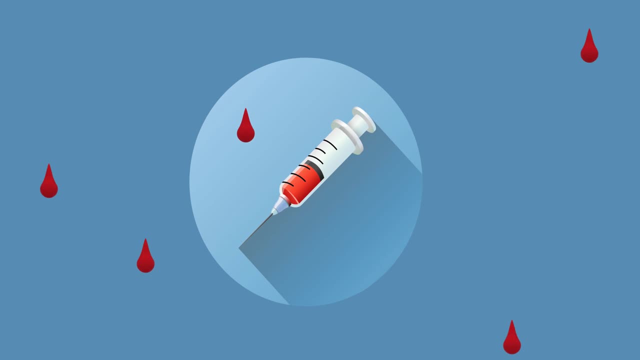 Animation of red drops of blood falling over syringe on blue background ...