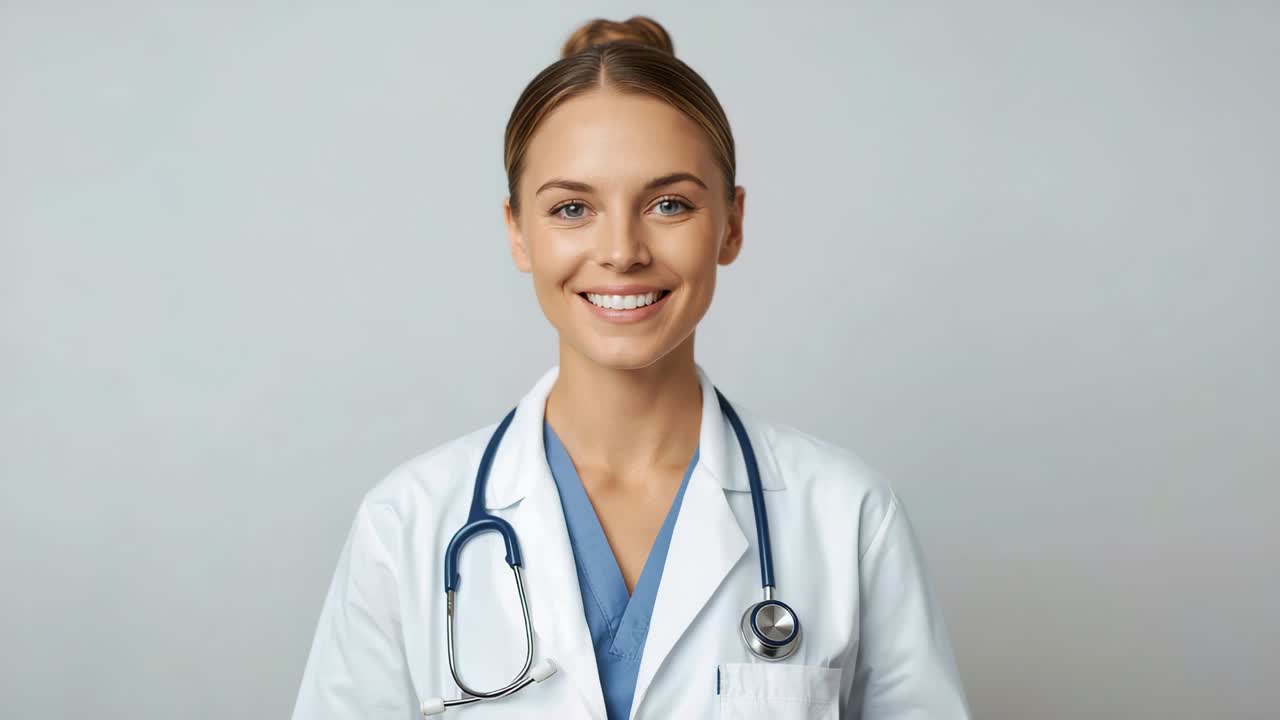 Recording starting doctor in lab coat and scrubs keeping smile for ...
