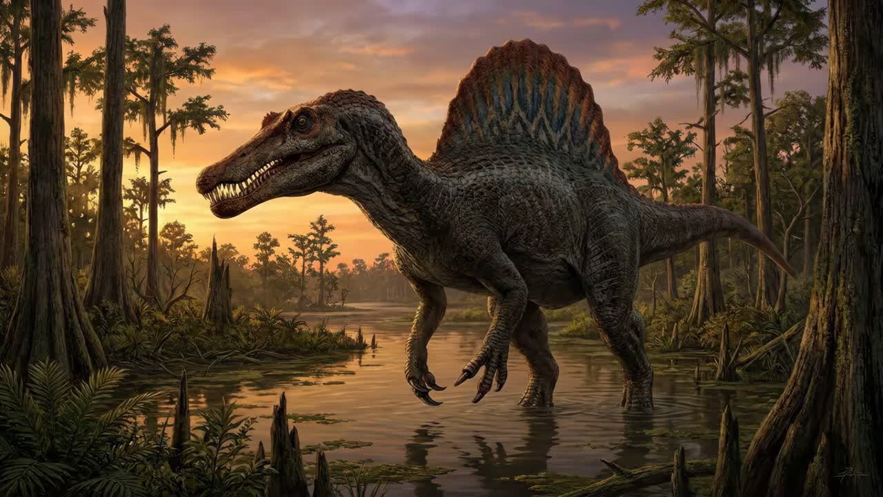Spinosaurus in its natural swamp habitat | Premium Stock Video Footage