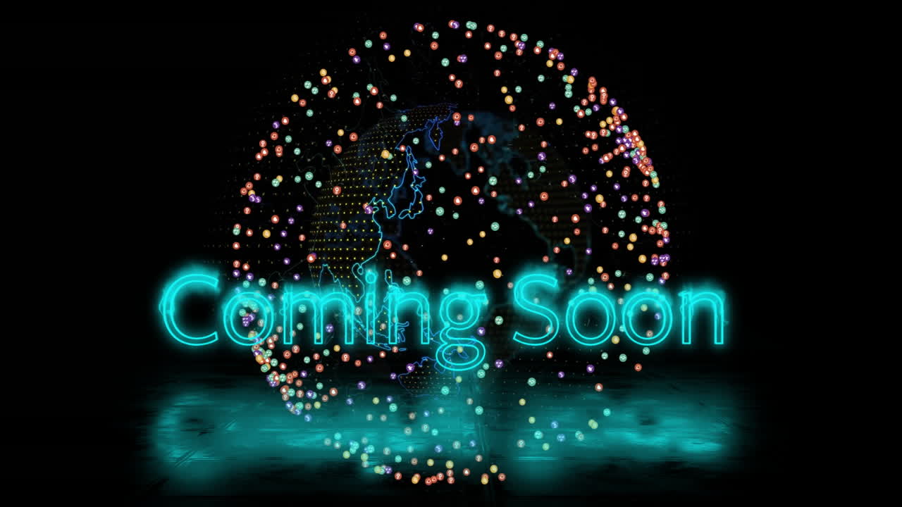 Animation of coming soon text over network of connections and globe on ...