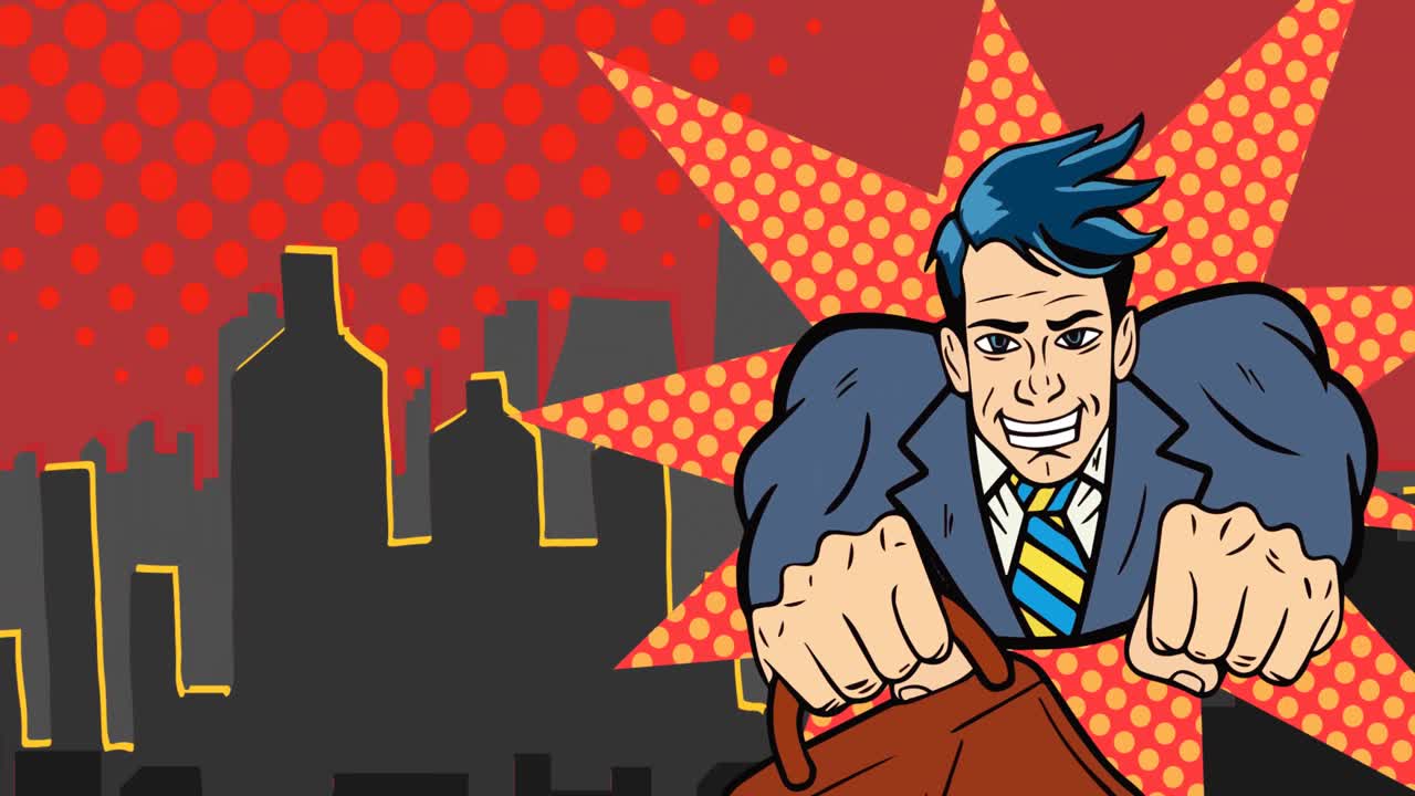 Animation of retro cartoon speech bubbles and superhero flying over ...