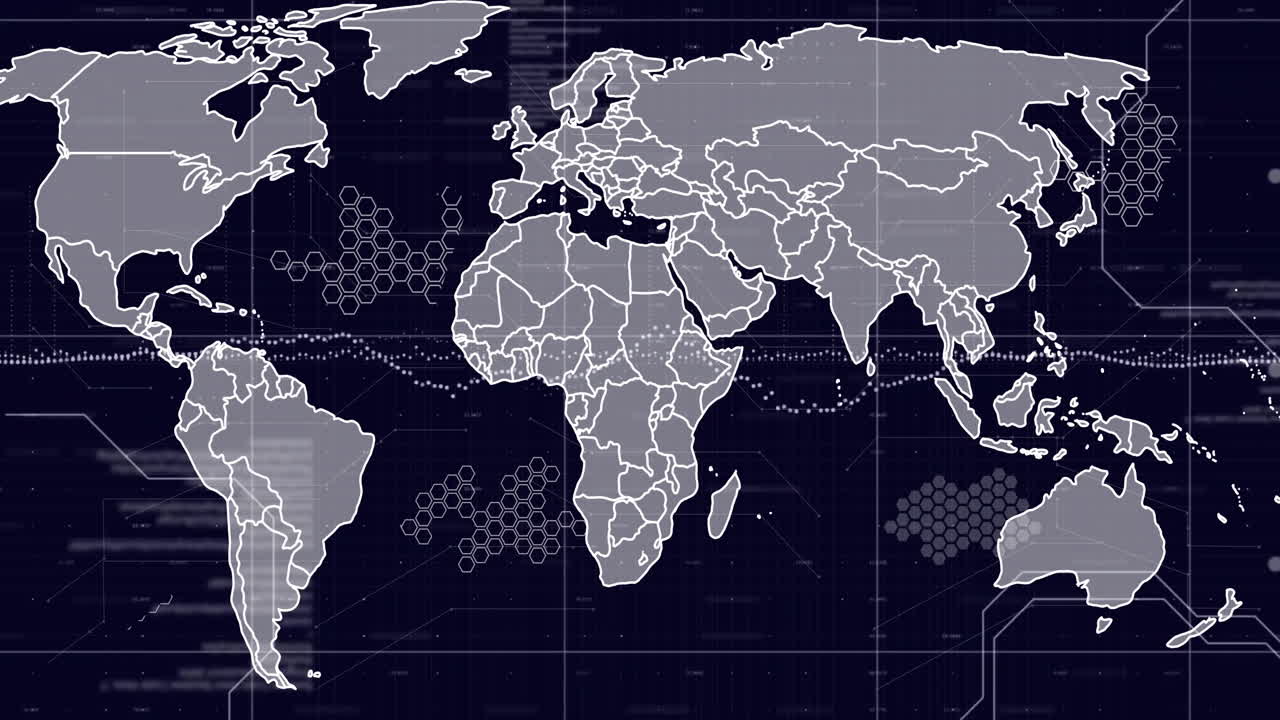 Premium stock video - World map with hexagonal patterns and data points ...