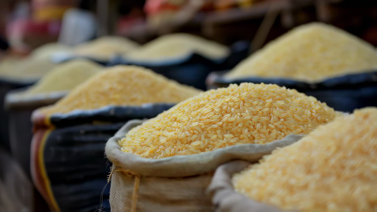 Bags of Yellow Rice at a Market | Premium Stock Video Footage