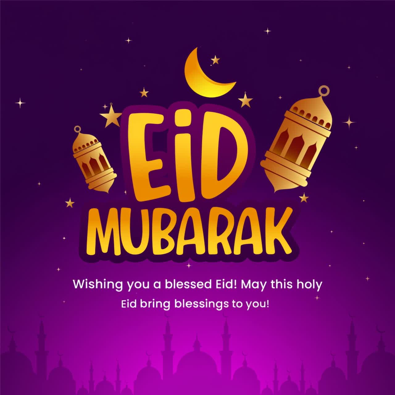 Eid Mubarak animation with gold lanterns, crescent moon, mosque ...