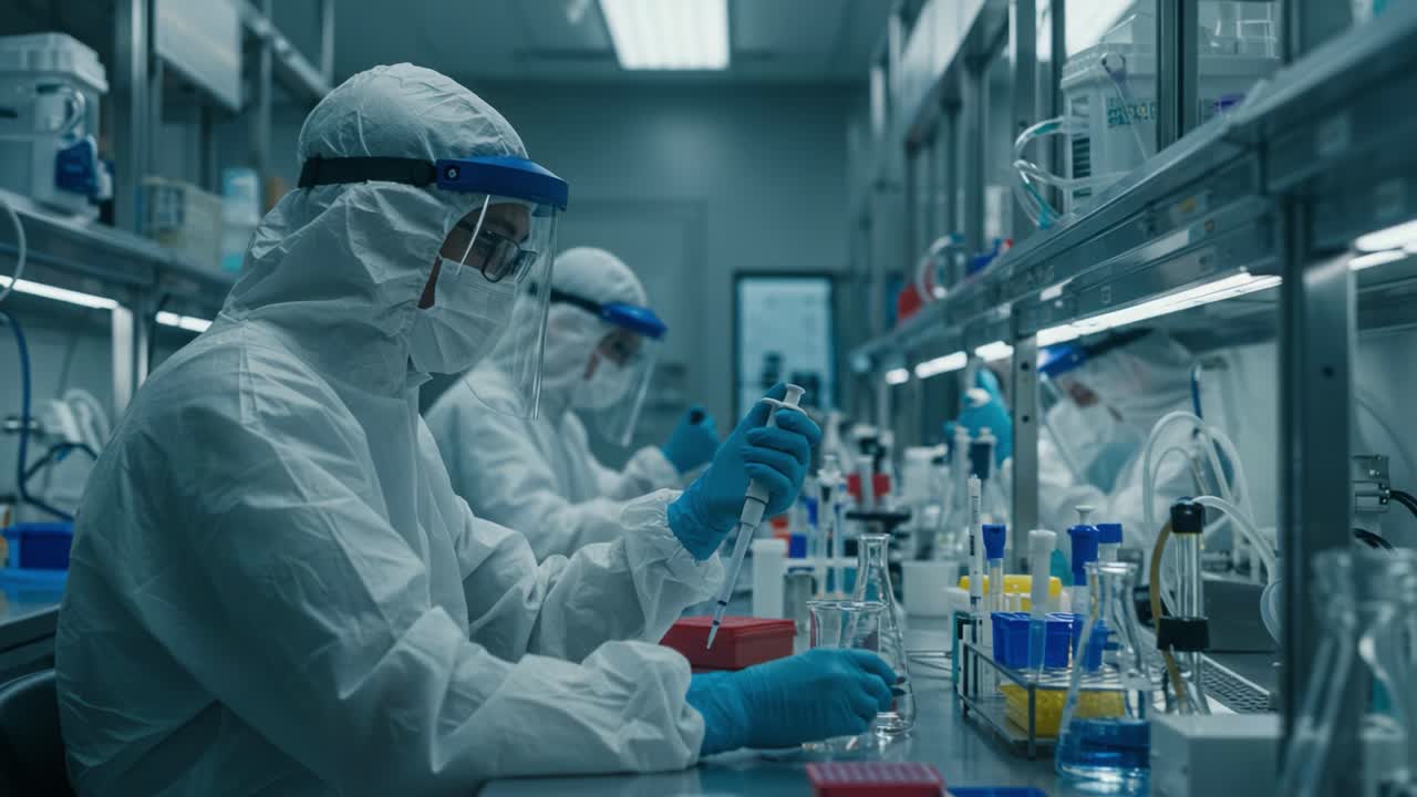 A High-Tech Laboratory Scene Featuring Scientists in Protective Gear ...