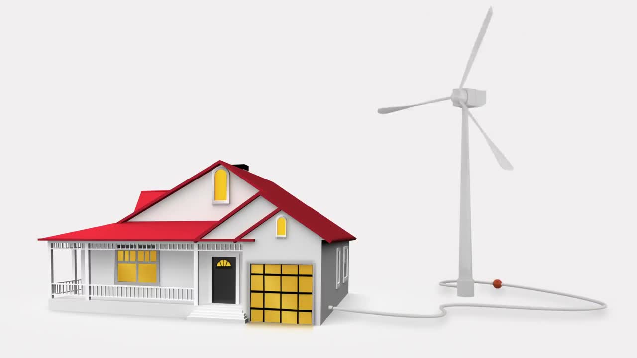 Premium stock video - Animation of wind turbine powering a house