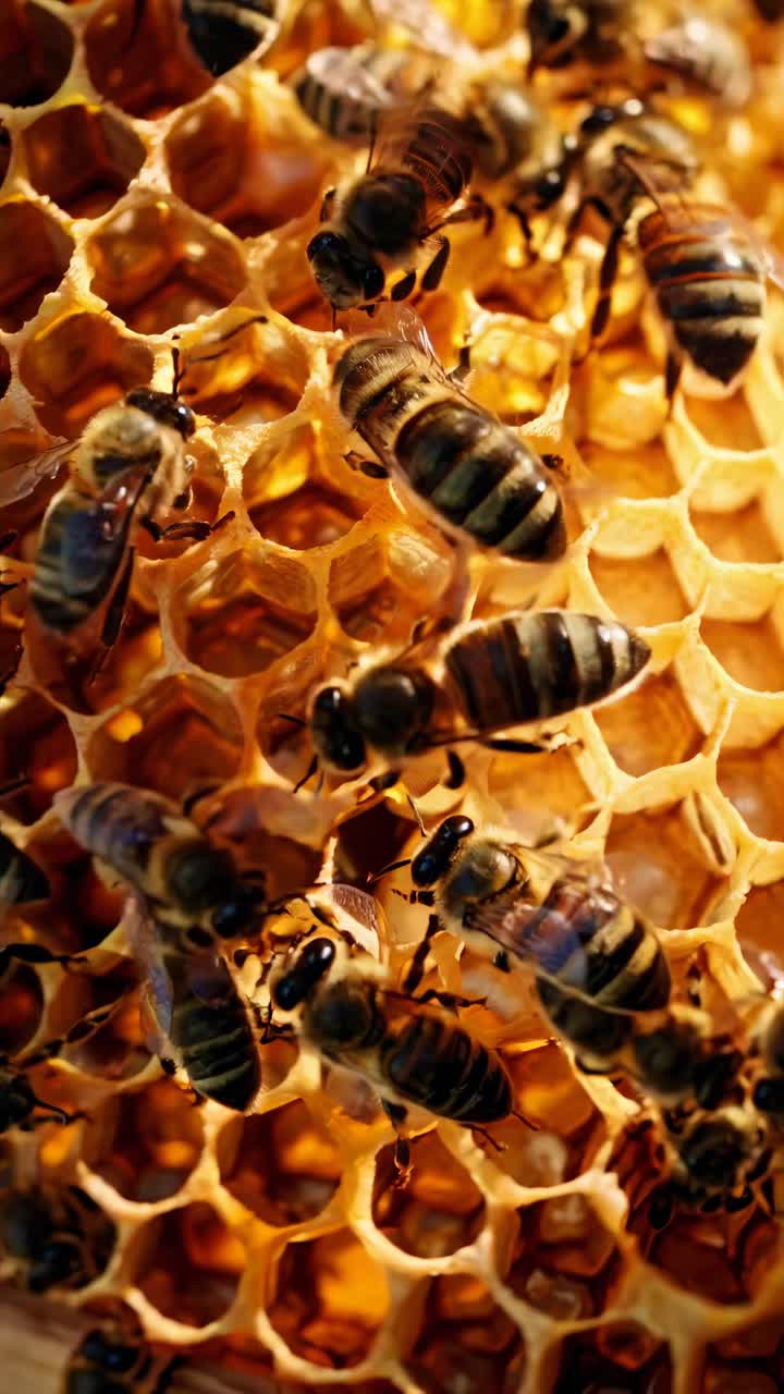 Close-up video angle of bees on a honeycomb, showcasing intricate ...