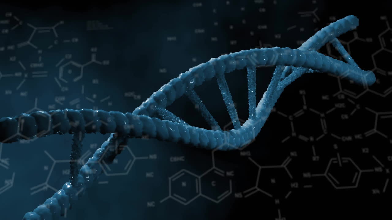 animation of chemical formula and dna strand on black background | freepik