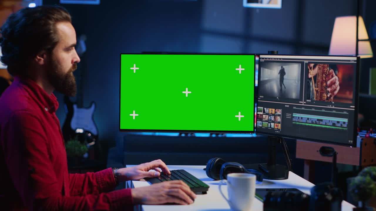 Premium stock video - Videographer uses editing software on green ...