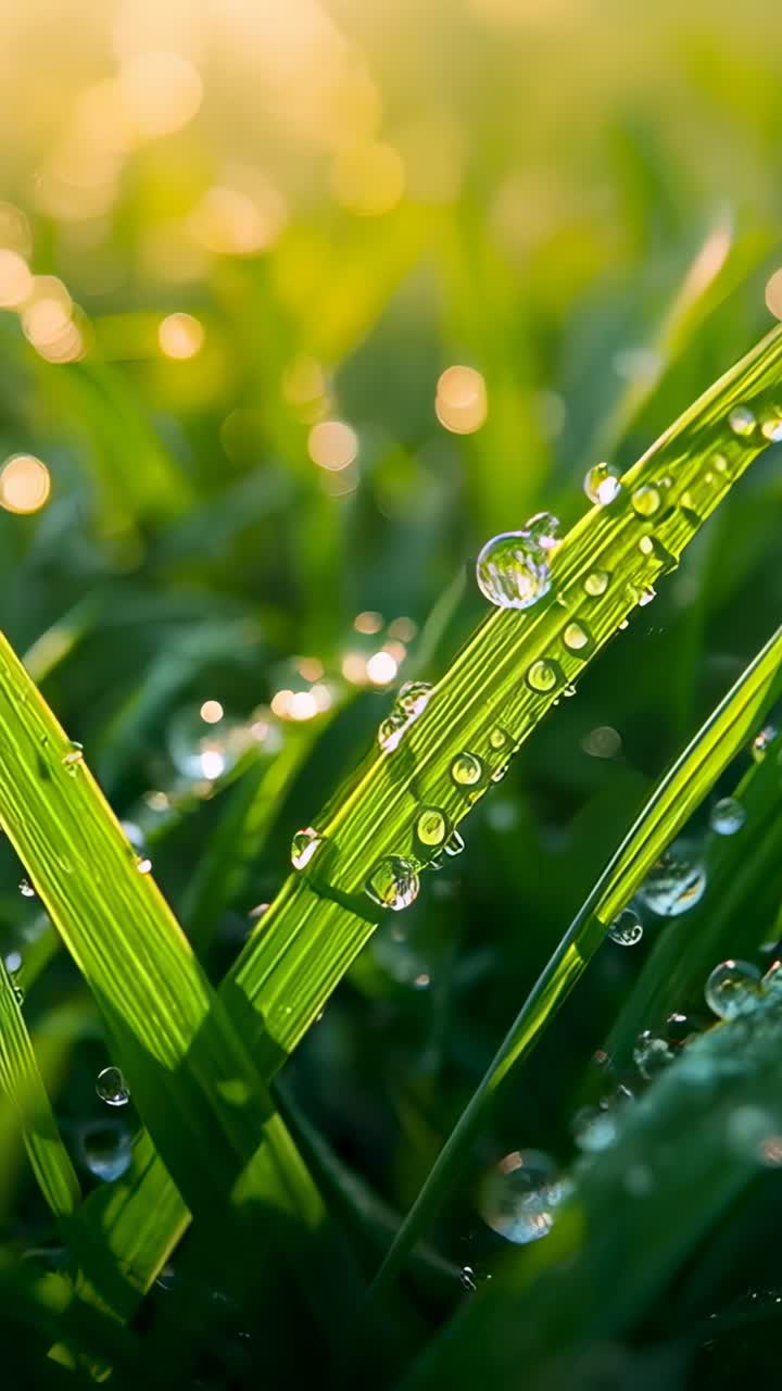 Vertical video: Catching sunlight, crossed grass blades glinting dew ...