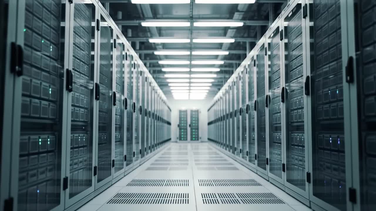 A modern data center features rows of high-capacity servers organized ...