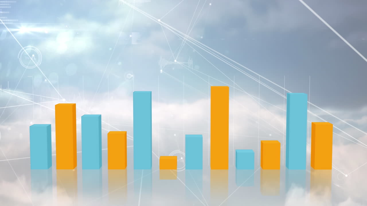 Blue and yellow graphs and network lines moving on cloud background ...